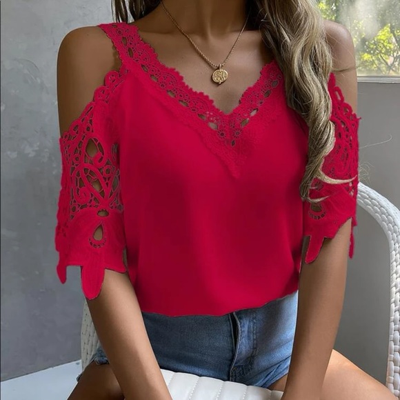 Tops | Boho Cold Shoulder Lace Sleeve Blouse | Poshmark